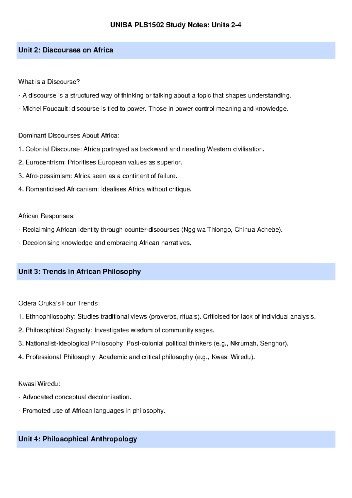 UNISA PLS1502 Study Notes: Units 2-4 on African Discourses & Philosophy ...