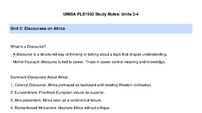 UNISA PLS1502 Study Notes: Units 2-4 on African Discourses & Philosophy ...