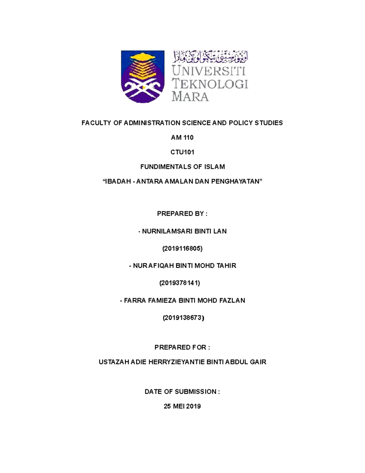 Assignment ctu101 uitm - FACULTY OF ADMINISTRATION SCIENCE AND POLICY ...