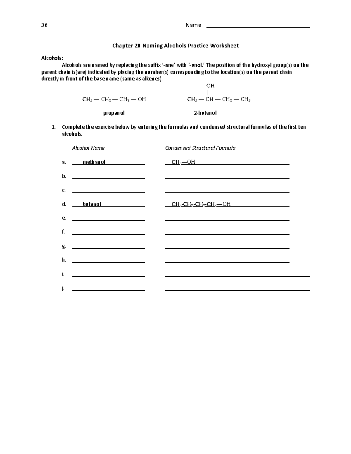 Naming Alcohols Practice Worksheet (36) - Studocu