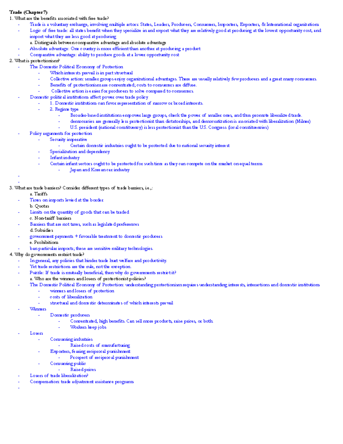 Intro to IR Exam 2 Study Guide - Trade (Chapter 7) 1. What are the ...