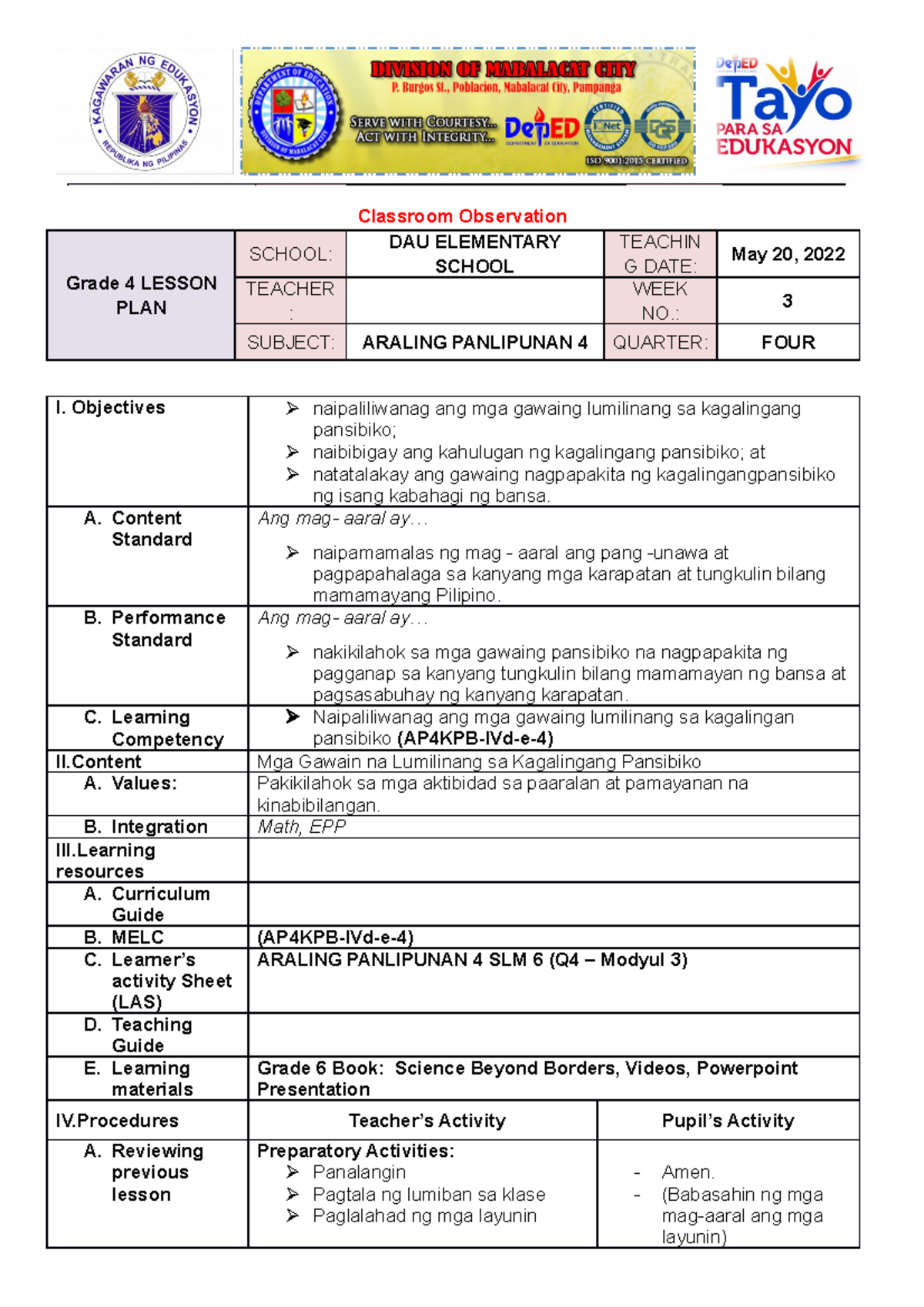 ARALING PANLIPUNAN 4 DLP Lesson Plan for Quarter 4 Week 4 - Studocu
