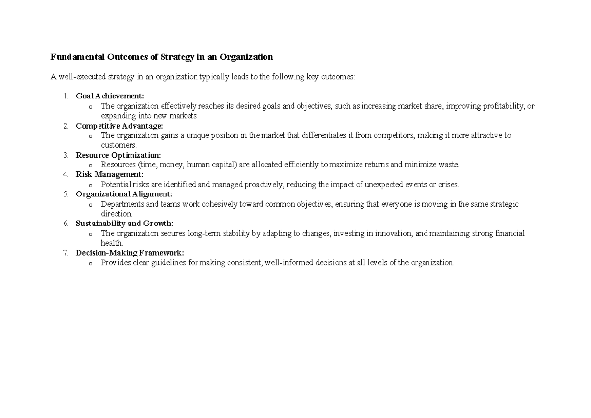SM - Key Outcomes and Characteristics of Organizational Strategy - Studocu