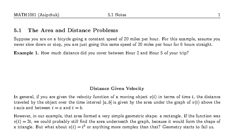 MATH1061 (Asipchuk) Chapter 5.1 Notes: Area and Distance Problems - Studocu