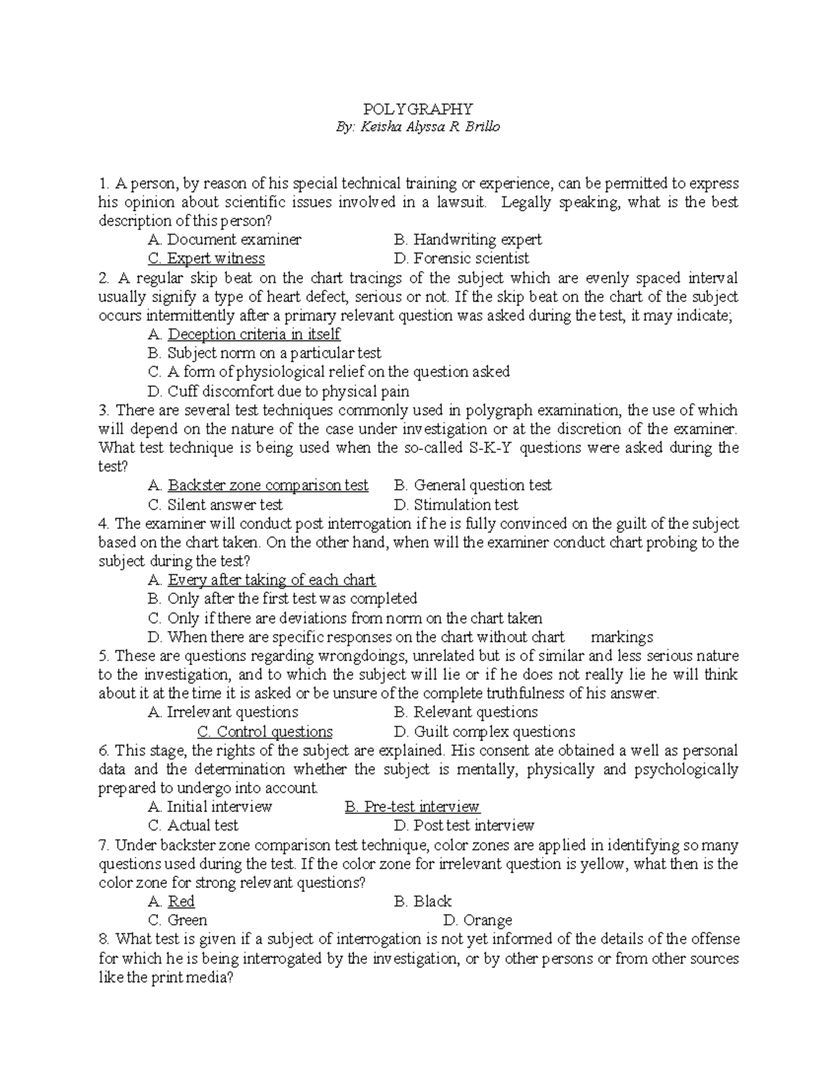 Polygraph Exam Notes (Course Code: PX100) - Key Concepts and Questions ...