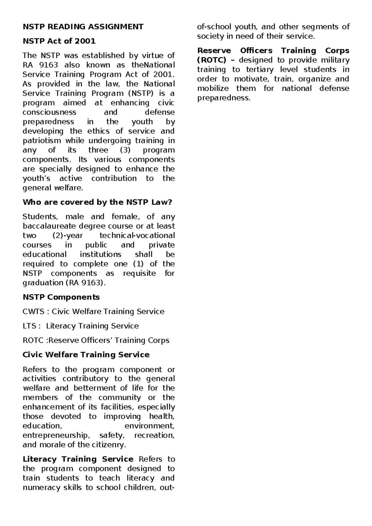 NSTP Reading Assignment: Civic Awareness & National Rights Overview ...