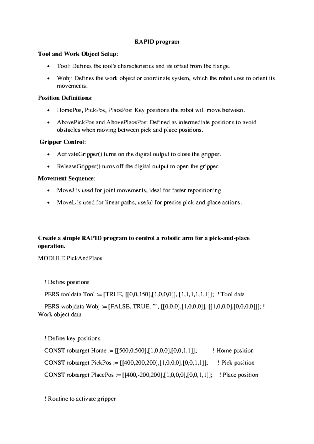 RAPID Program Tool & Work Object Setup: Lecture Notes - Studocu