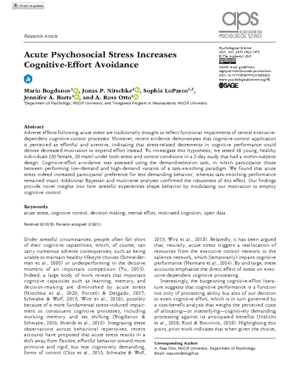 Acute Psychosocial Stress Effects on Cognitive-Effort Avoidance - doi ...
