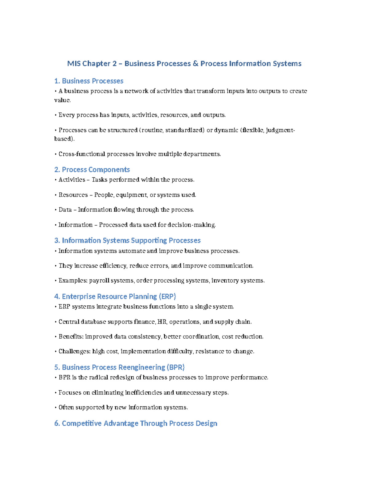 MIS Chapter 2 Summary: Business Processes & Information Systems - Studocu