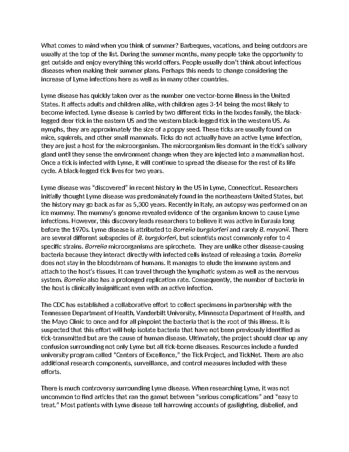 Lyme Disease (Course Code: TBD) - Rough Draft Insights and Issues - Studocu