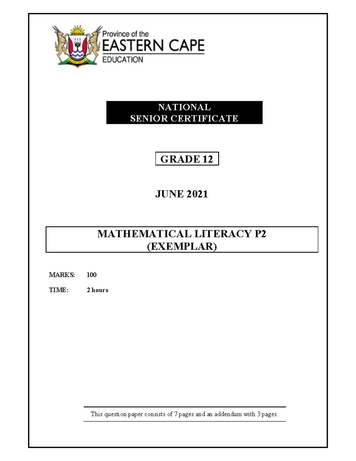 Mathematical Literacy P2 (EC/JUNE 2021) Question Paper - Studocu