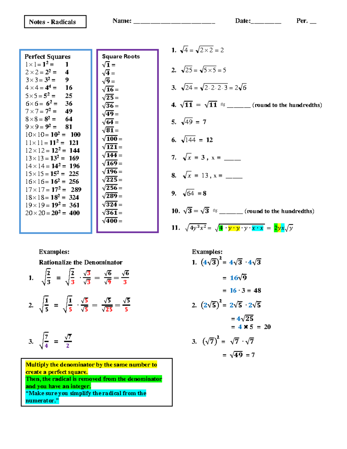 Notes - Perfect Square Radicals and Square Roots (Math 101) - Studocu