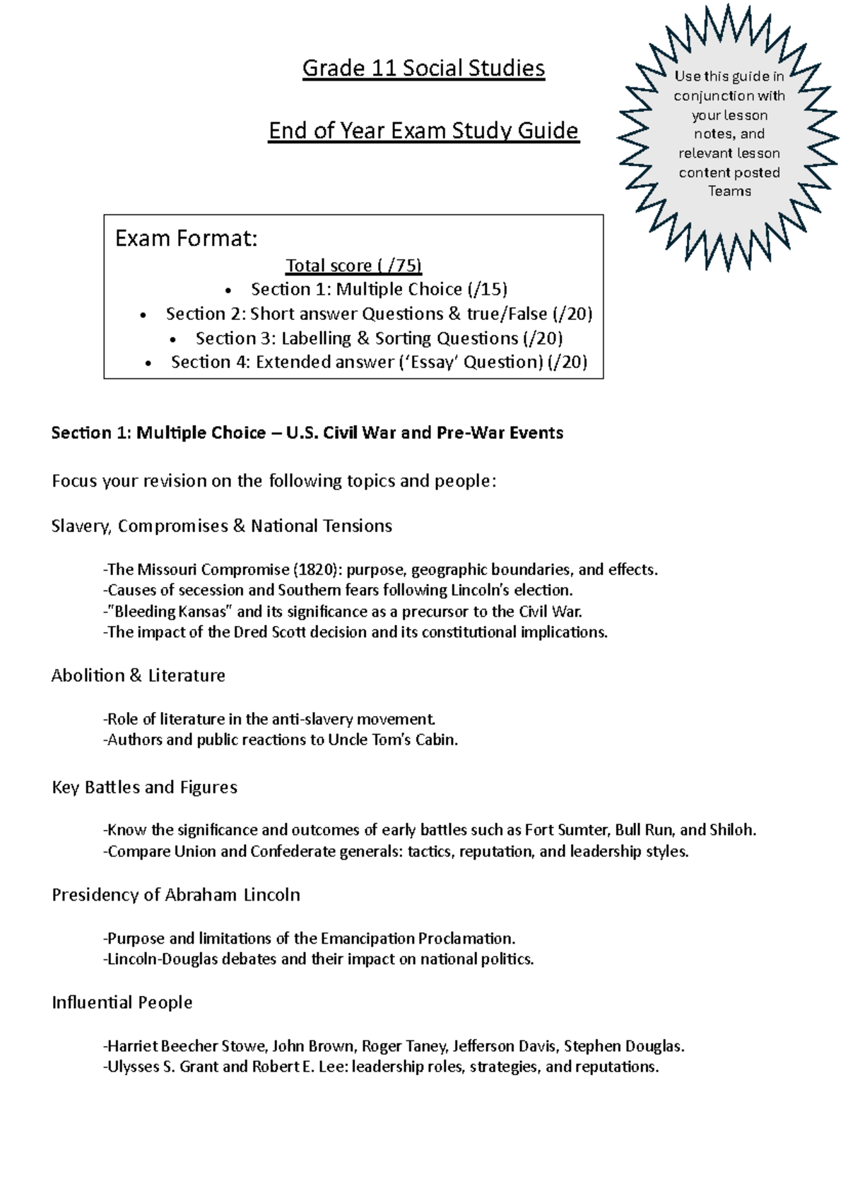 Grade 11 Social Studies EOY Exam Study Guide: U.S. Civil War Focus ...