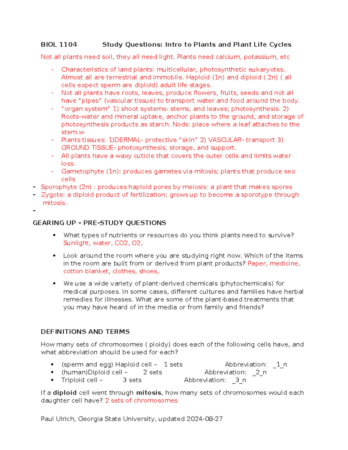 BIOL 1104: Study Guide on Plant Life Cycles and Cellular Processes ...