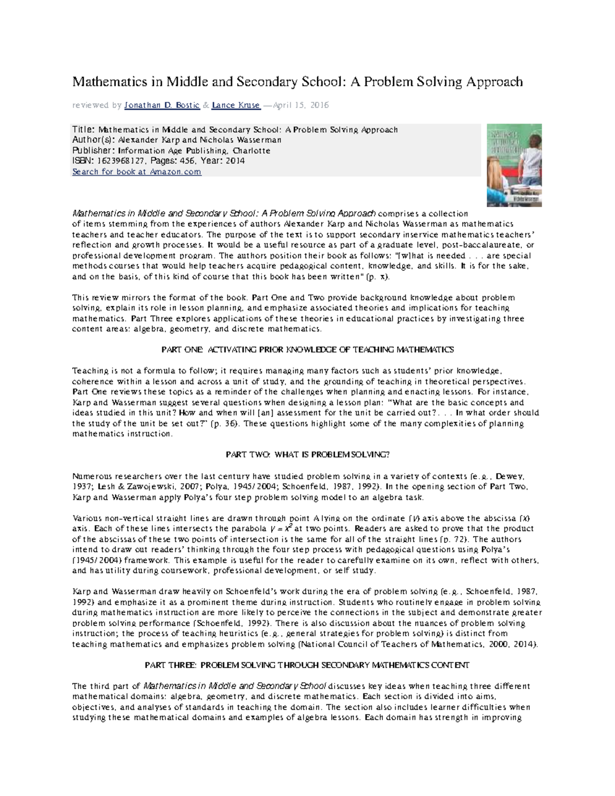 Mathematics in Middle and Secondary School: Problem Solving Insights ...