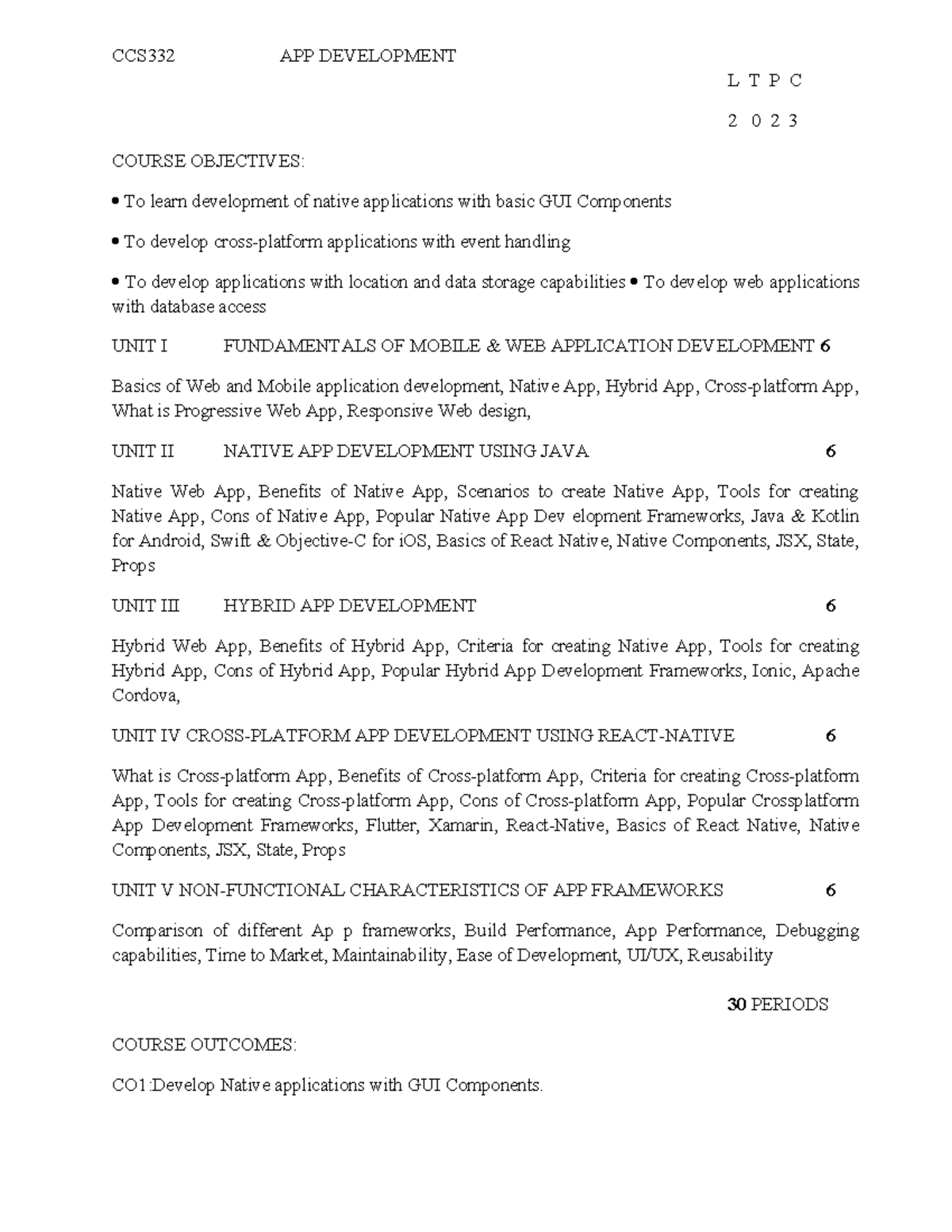 CCS332 APP Development Course Syllabus and Practical Exercises - Studocu