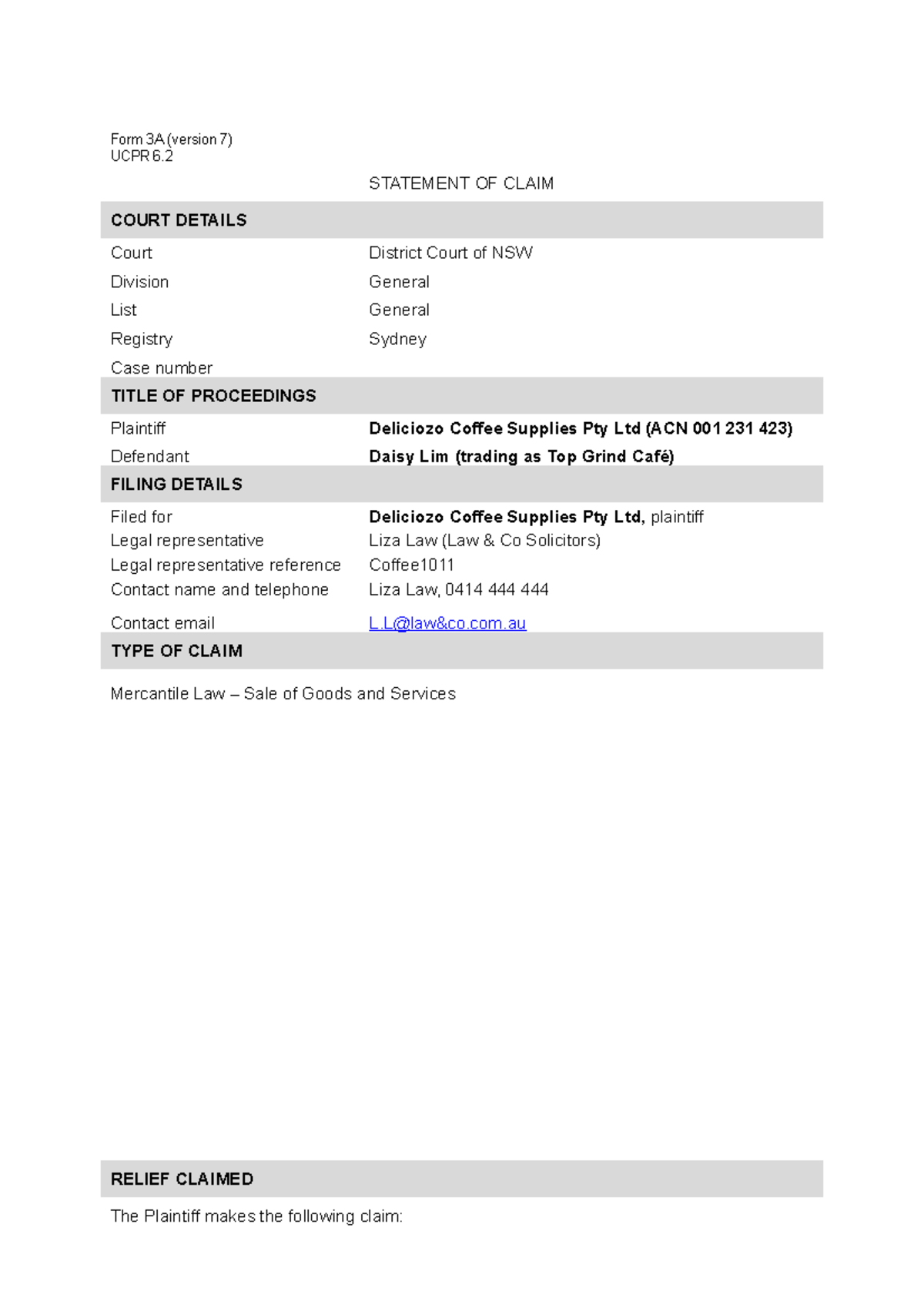 Statement of Claim - Deliciozo Coffee Supplies Pty Ltd v. Daisy Lim ...