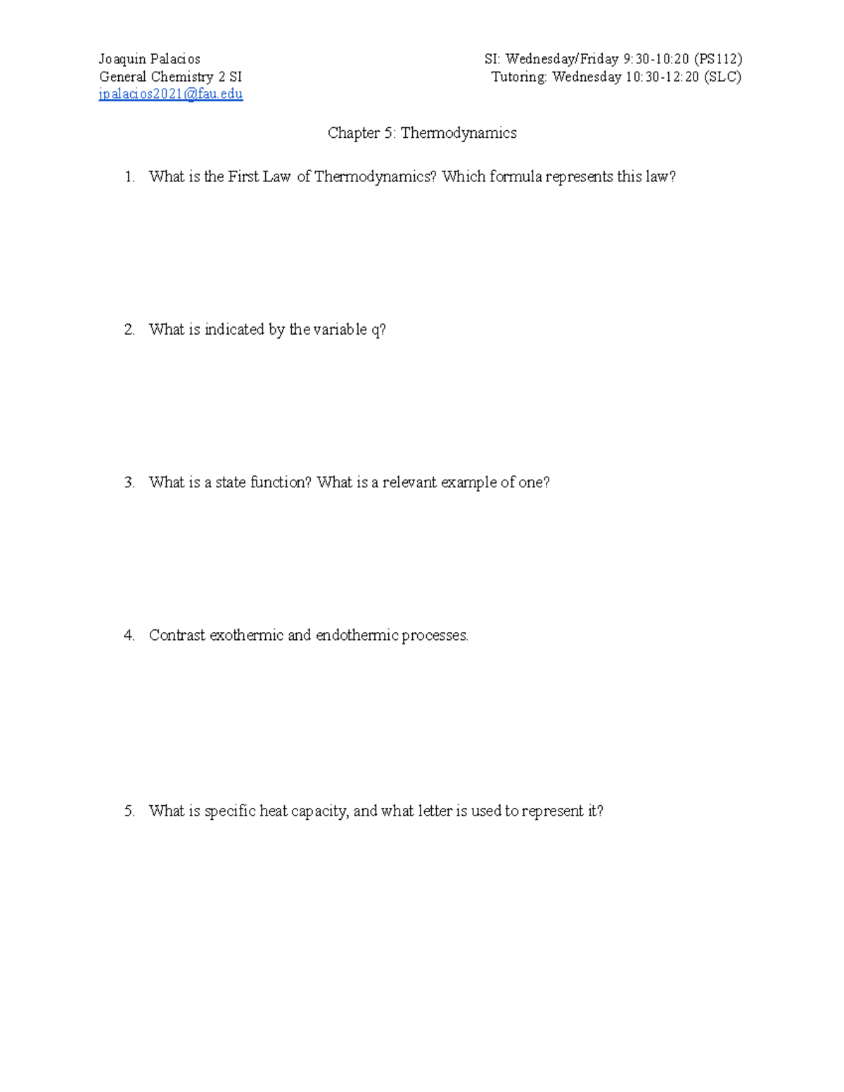 Chapter 5 SI Sheet: Thermodynamics in General Chemistry 2 (PS112) - Studocu
