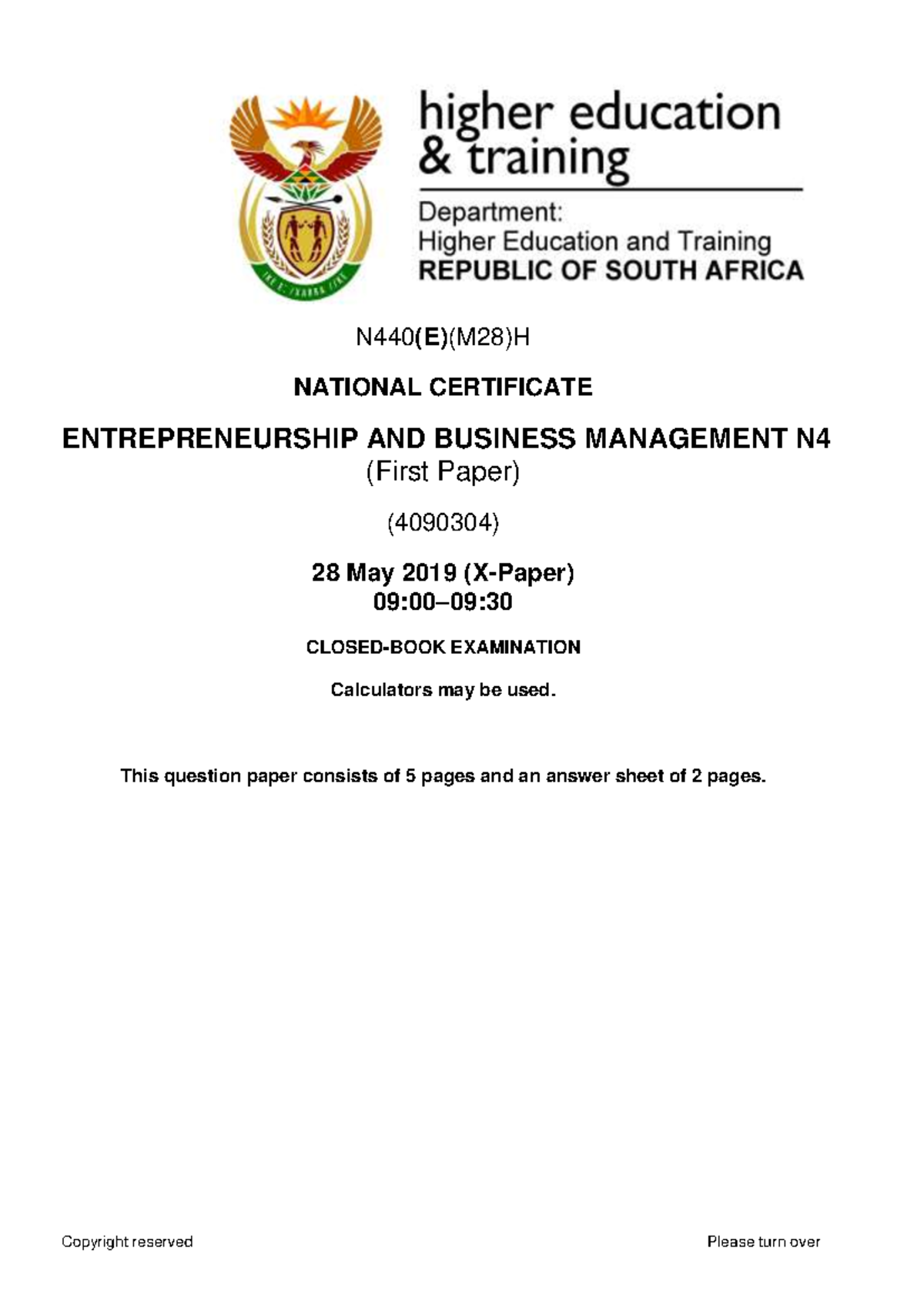 N440 - Entrepreneurship & Business Management N4 P1 Exam Jun 2019 - Studocu