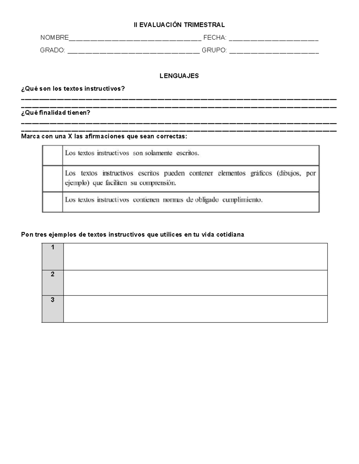 II Trimestre - Examen de Lenguajes y Ética sobre Textos Instructivos - Studocu