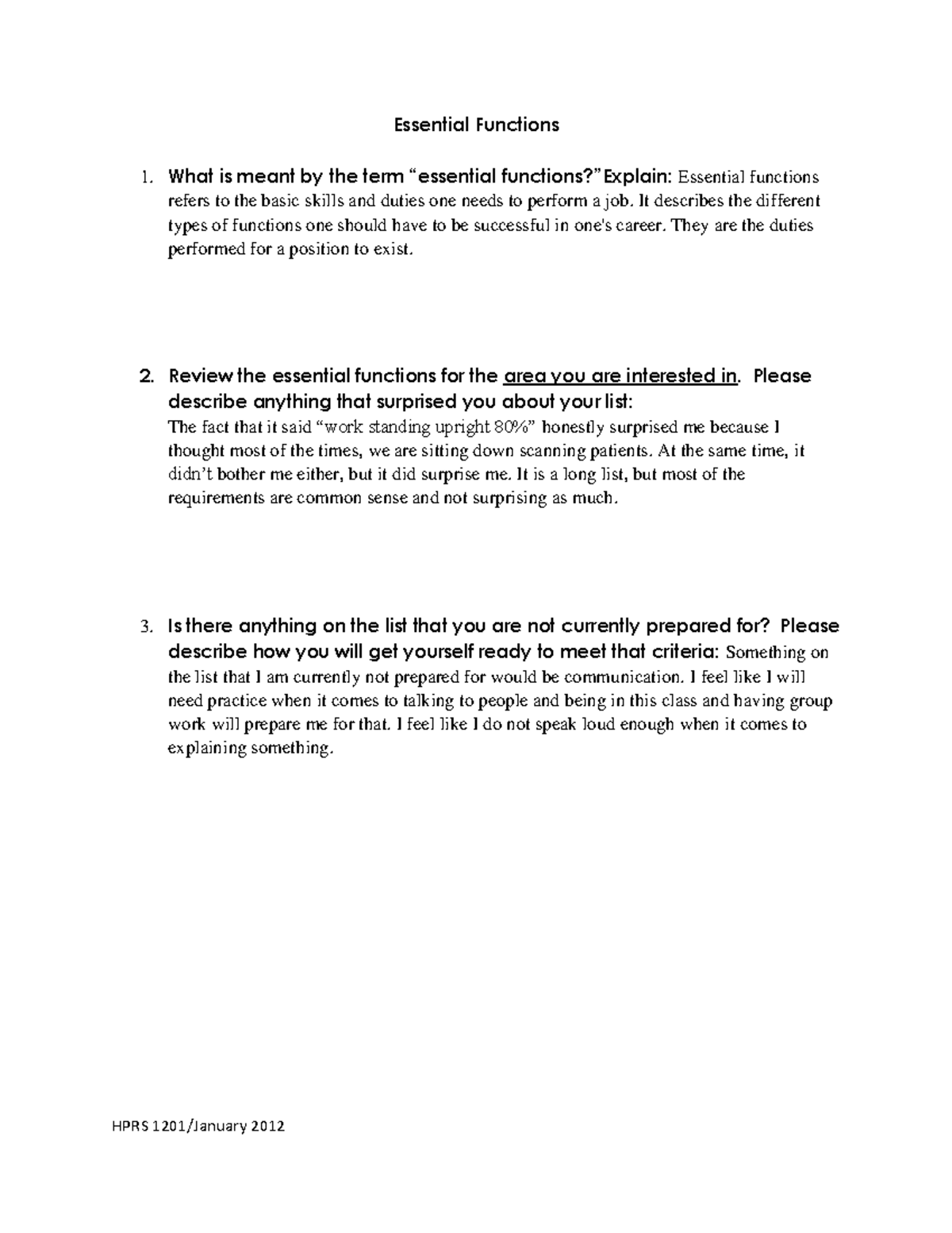 Essential Functions Worksheet - HPRS 2012 Overview and Insights - Studocu