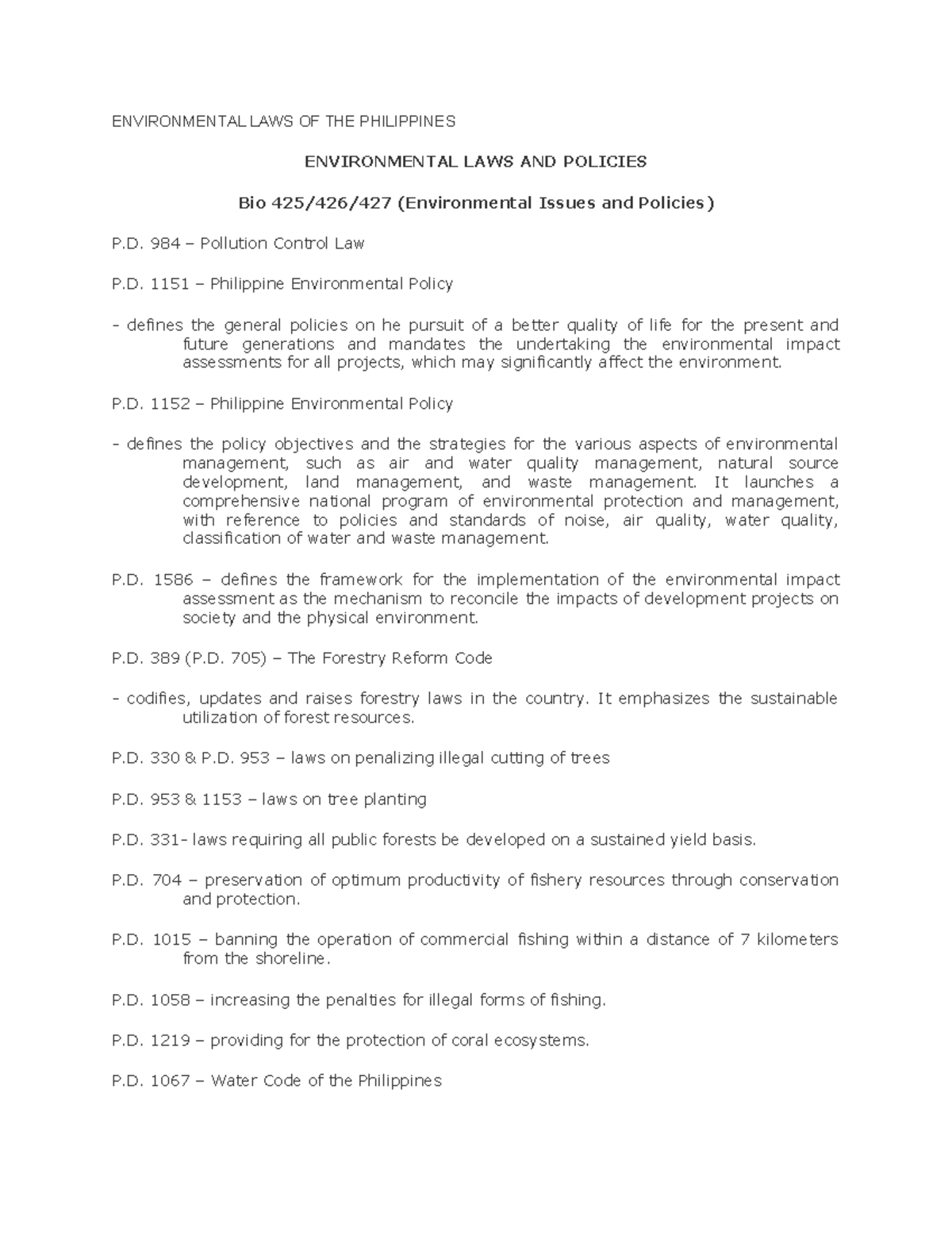 Environmental Laws and Policies of the Philippines (Bio) - Studocu