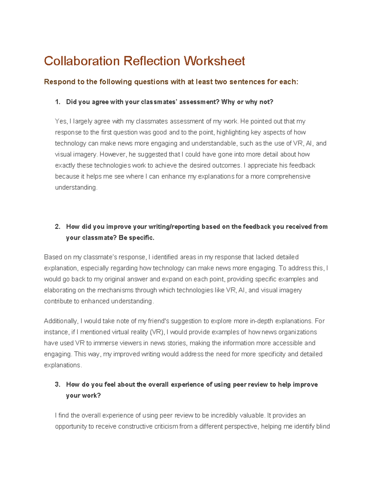 Collaboration Reflection Worksheet: Peer Review Insights and ...