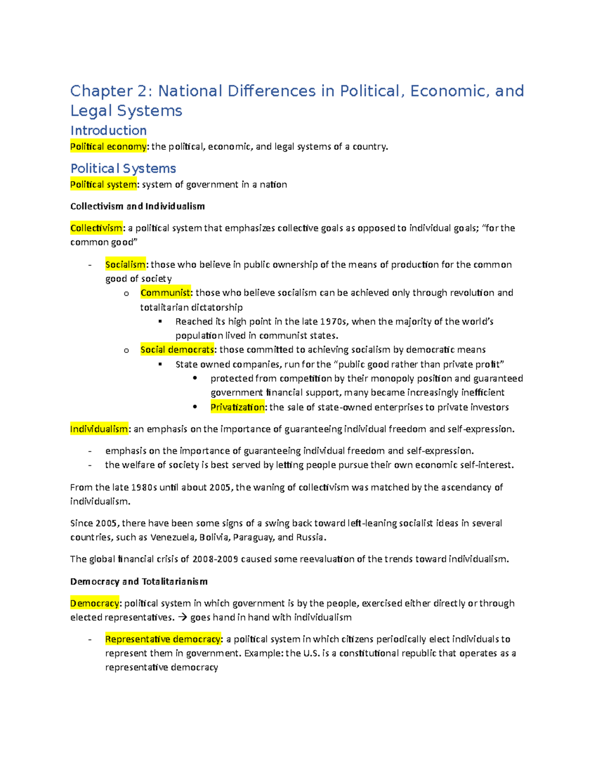 National Differences in Political Economic and Legal Systems - Studocu