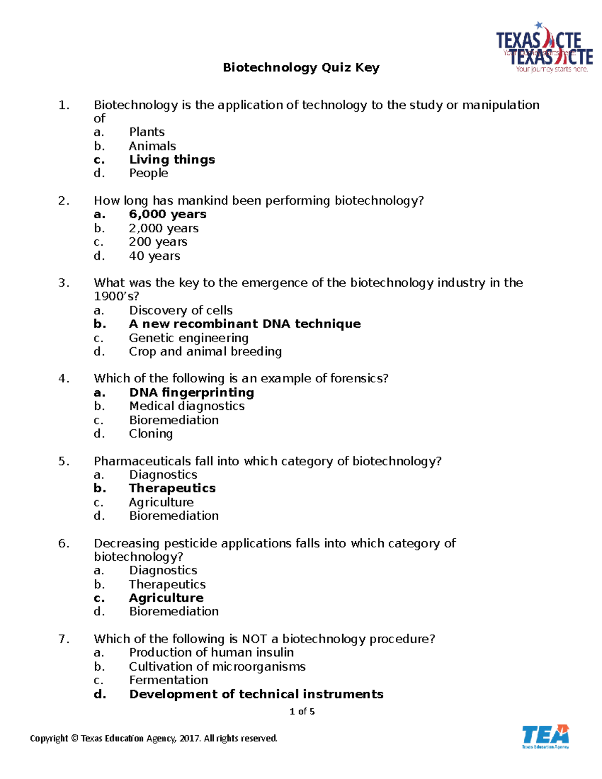 Biotechnology Quiz Key (BIOT101) with Answers and Explanations - Studocu