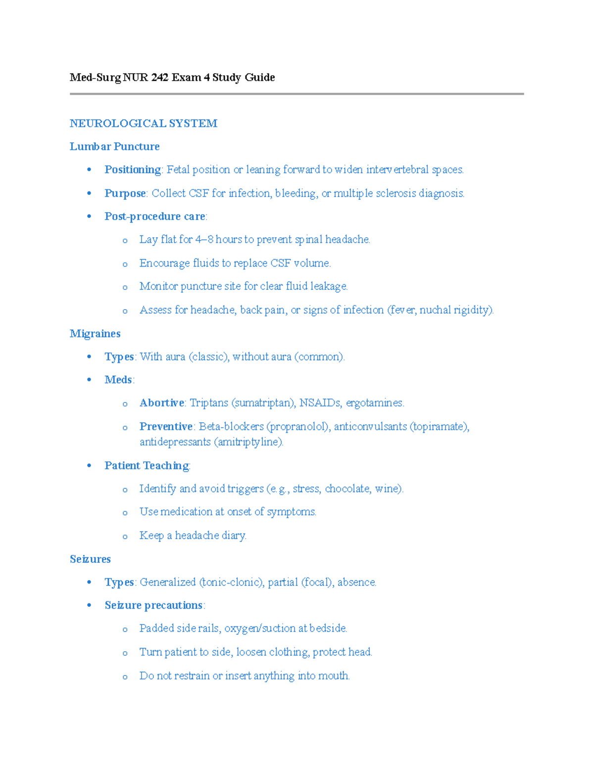 NUR 242 Exam 4 Study Guide: Neurological & Musculoskeletal Systems ...