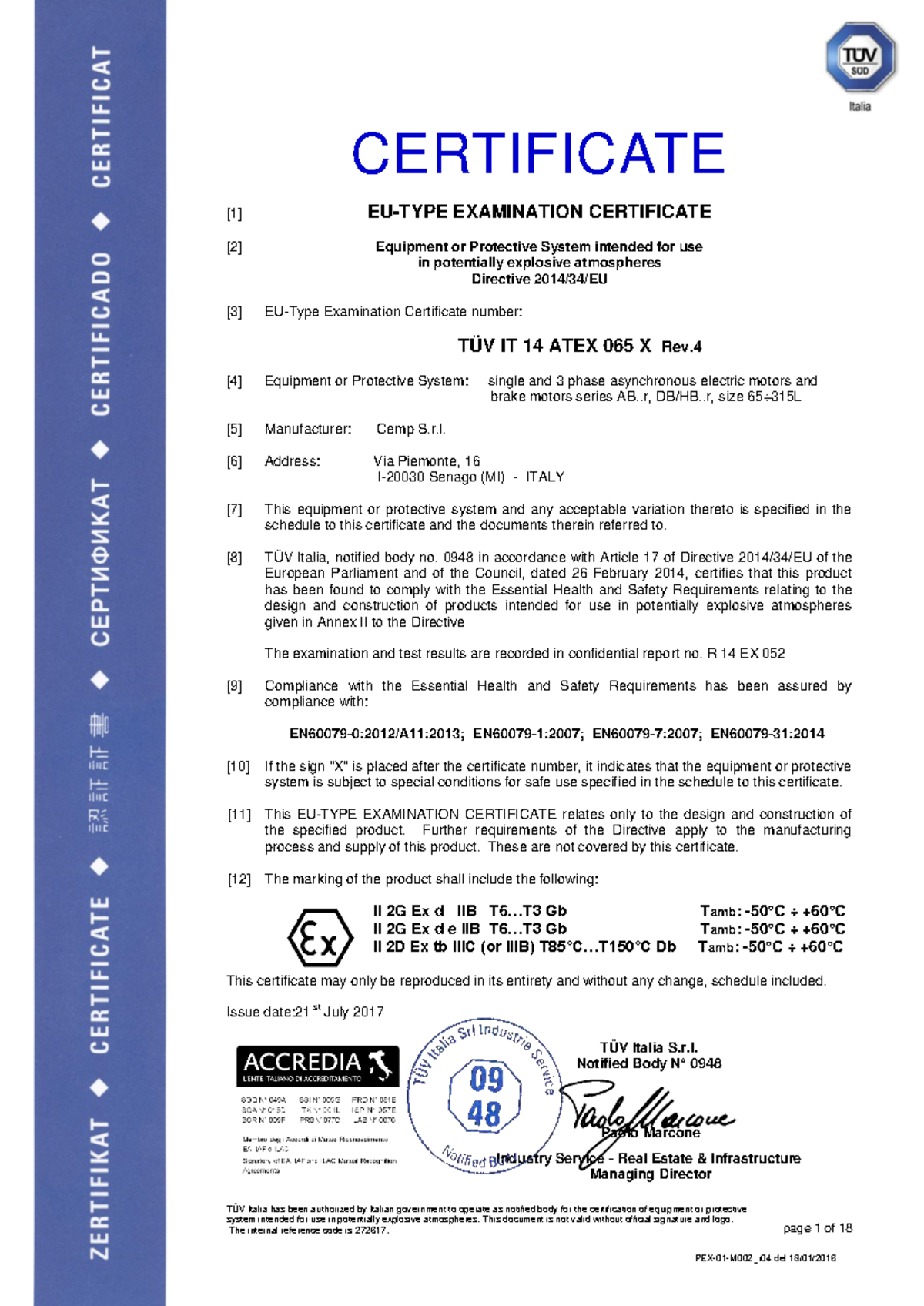 AEx62-A1 TUV IT 14 ATEX 065X EU-Type Examination Certificate - Studocu