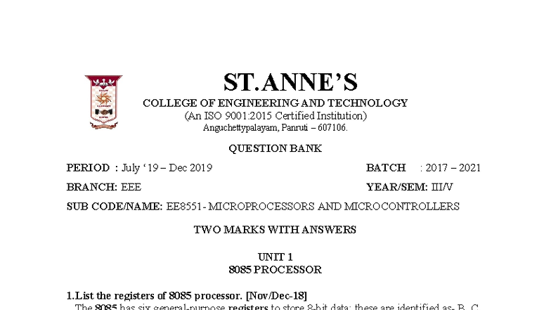 EE8551 - Microprocessors and Microcontrollers: Question Bank for Two ...