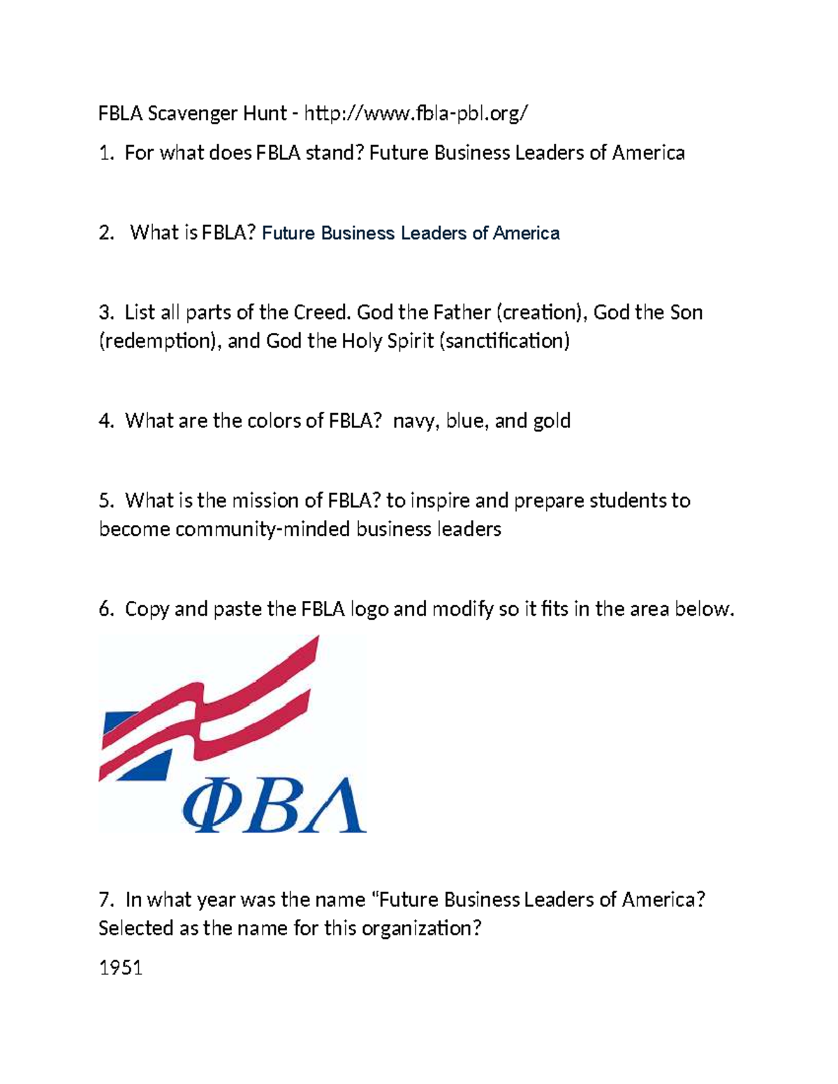 FBLA Scavenger Hunt: Exploring Future Business Leaders of America - Studocu