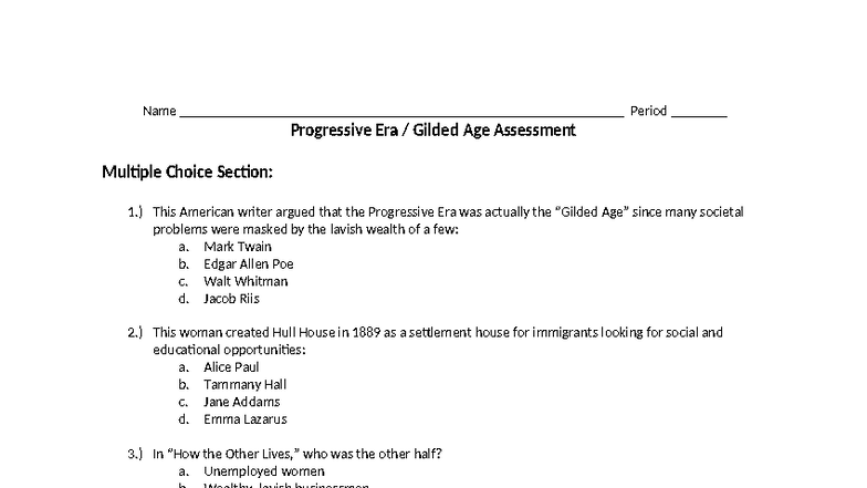 Progressive Era Gilded Age Assessment MC Questions & Answers - Studocu