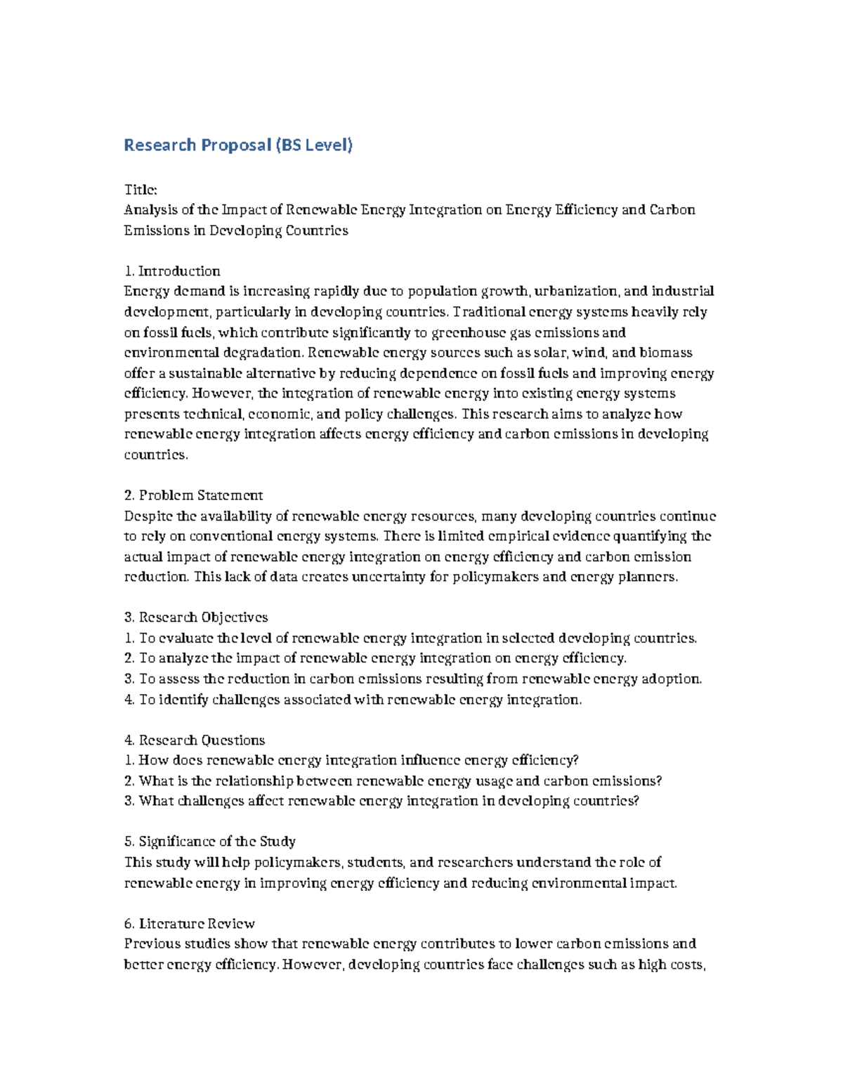 BS Level Research Proposal: Impact of Renewable Energy on Efficiency ...