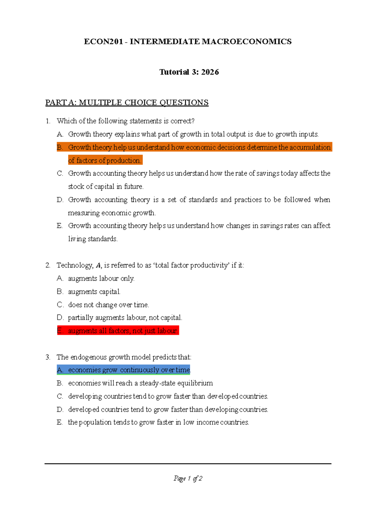 ECON201 INTERMEDIATE MACROECONOMICS Tutorial 3: MCQs & Answers - Studocu