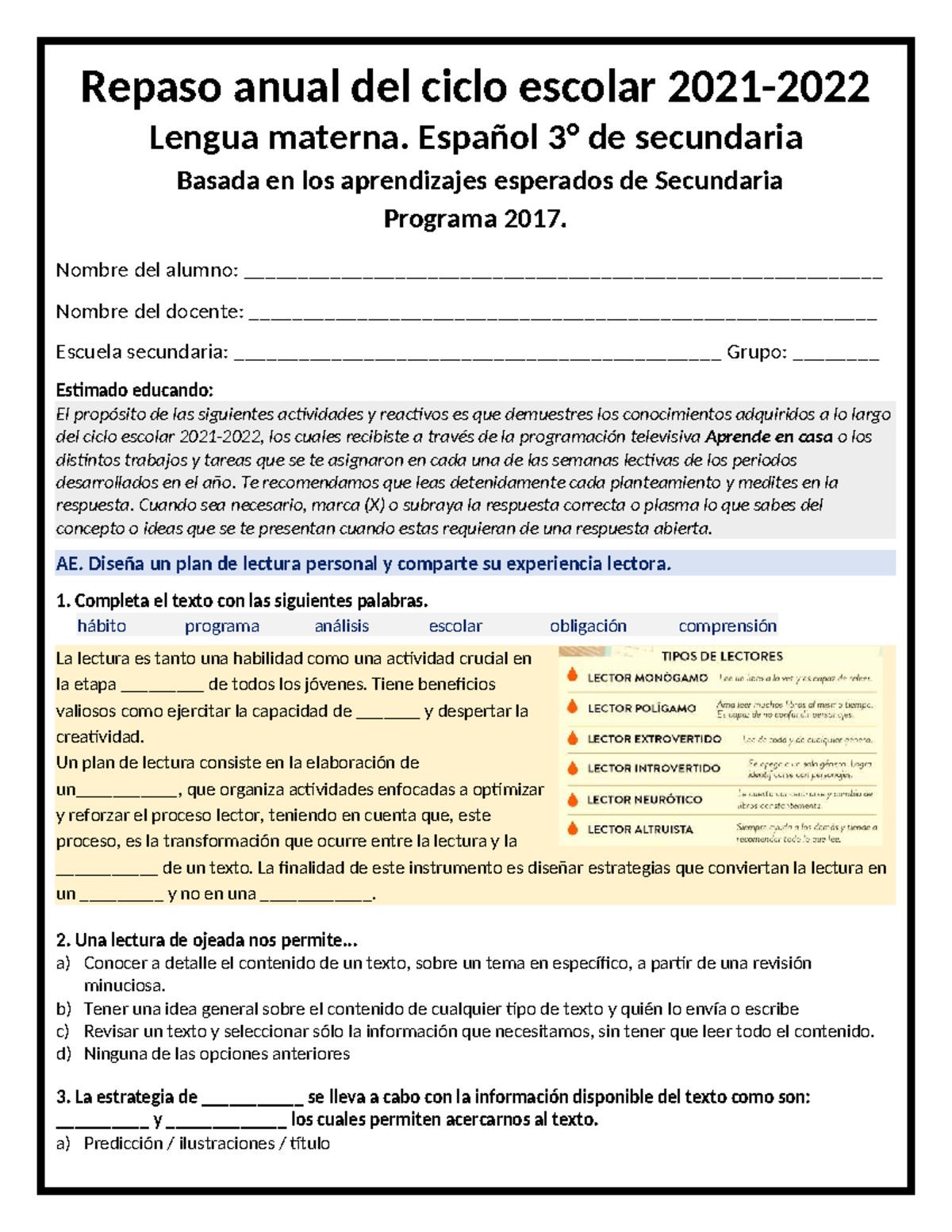 Repaso Anual de Lengua Materna Español 3°: Actividades y Evaluaciones ...