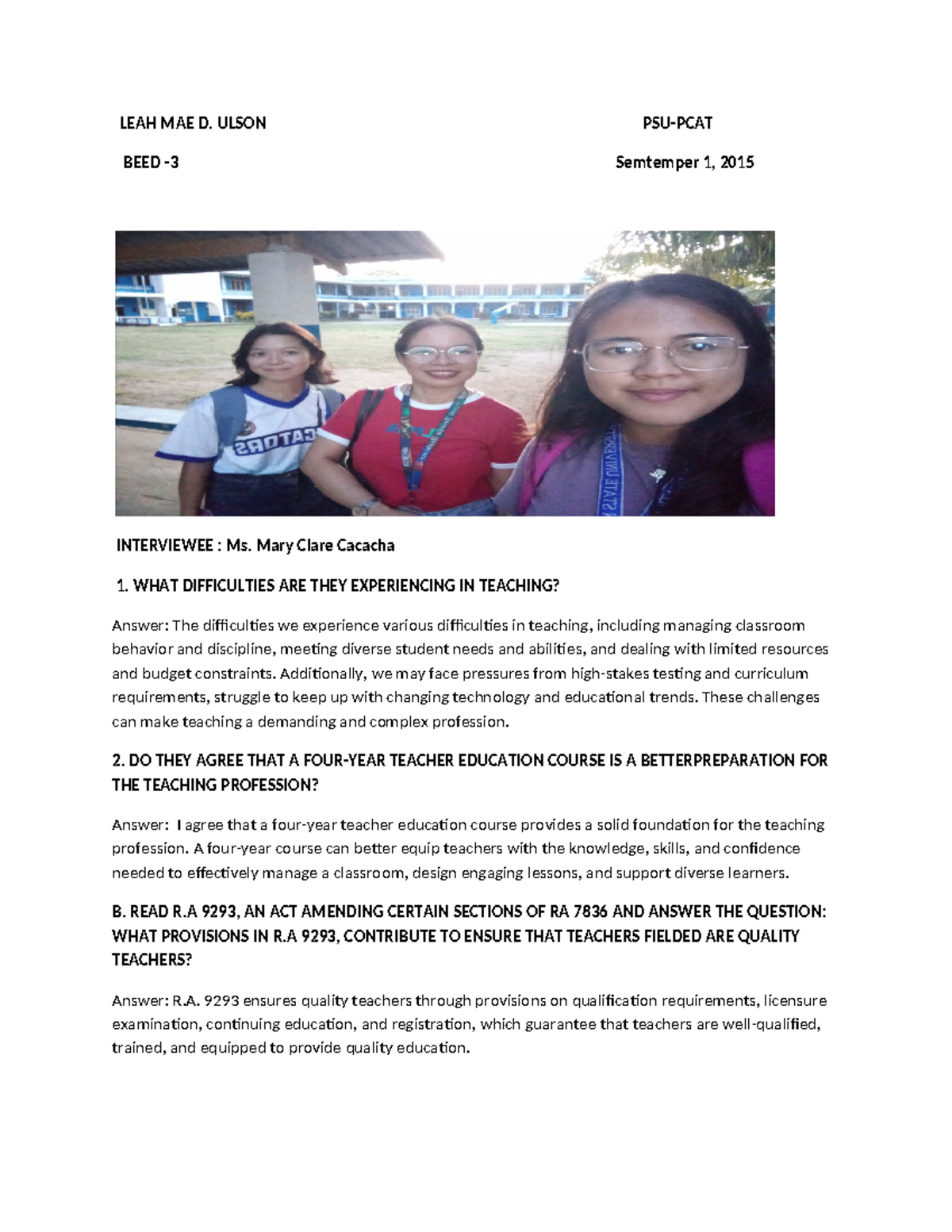 BEED 2015 Interview Insights: Challenges & Teacher Prep - Studocu