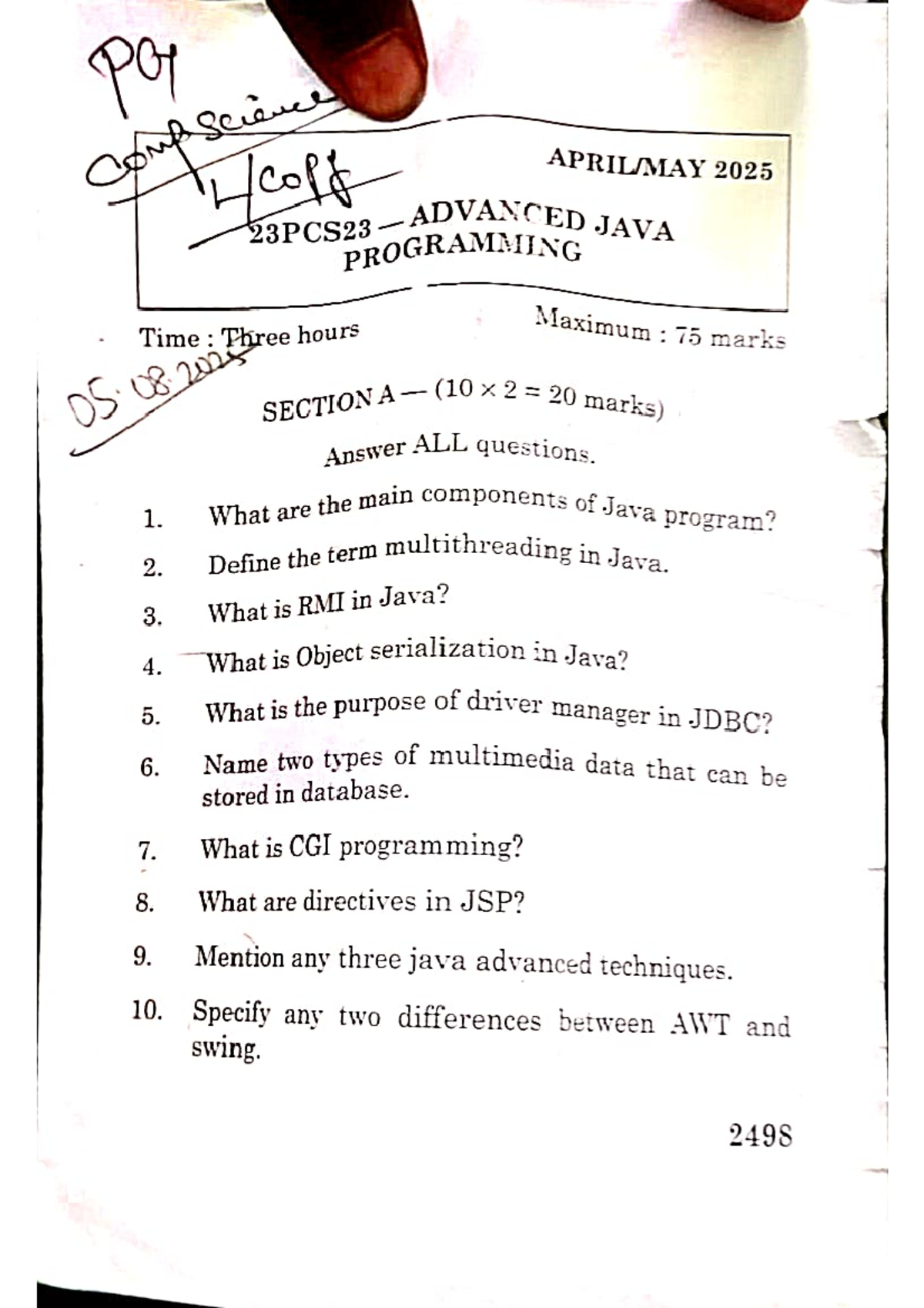 Advanced Java Notes for MSc 23PCS23 - Programming Exam Prep - Studocu