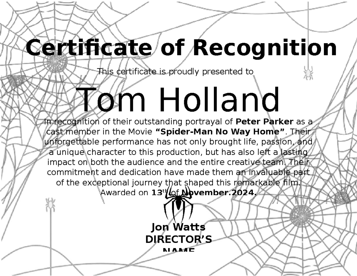 Spider-Man No Way Home: Certificate of Recognition for Cast Members ...