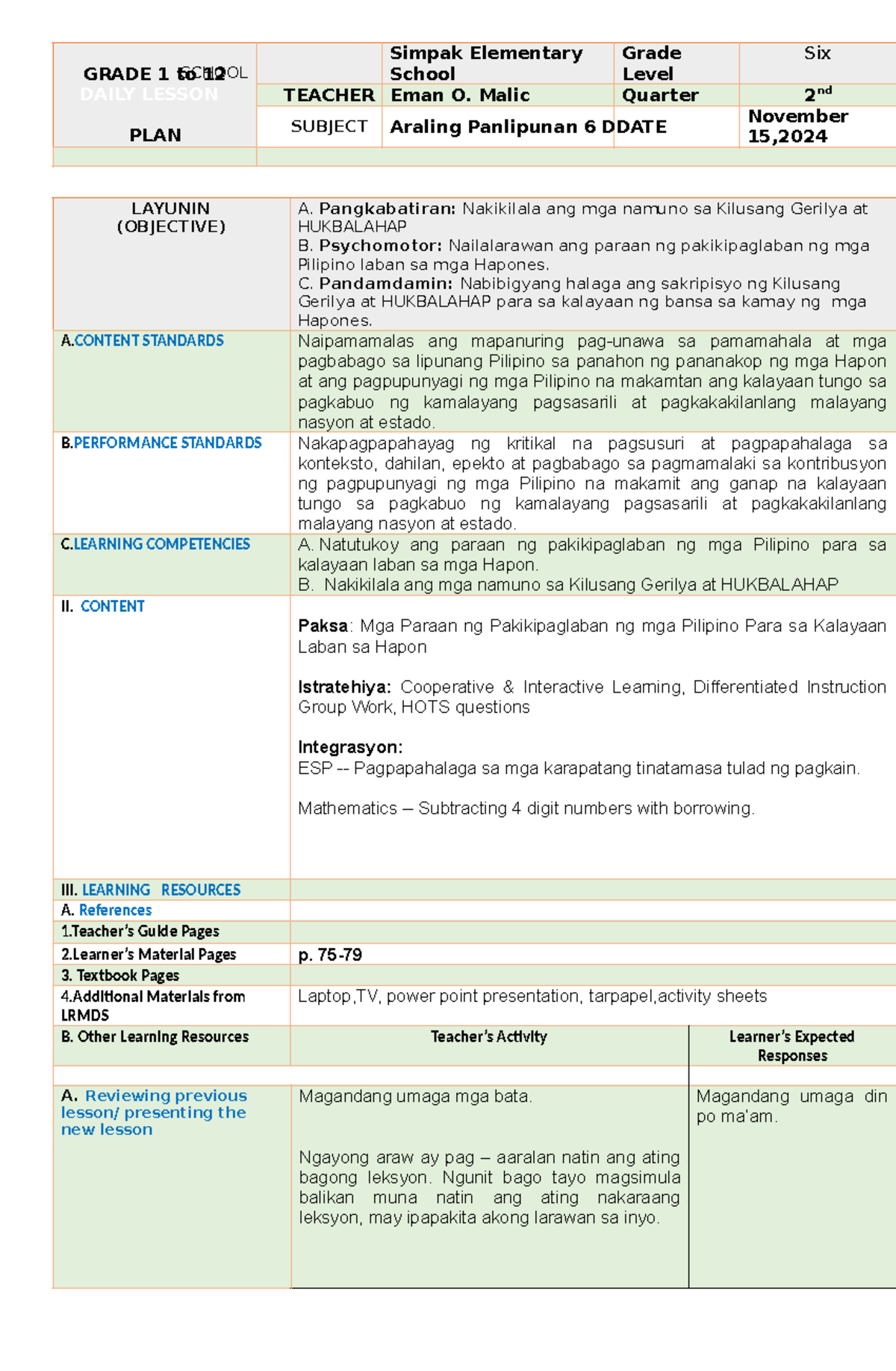 COT A.P. 6 Q2 Daily Lesson Plan: Pakikipaglaban ng mga Pilipino Laban ...