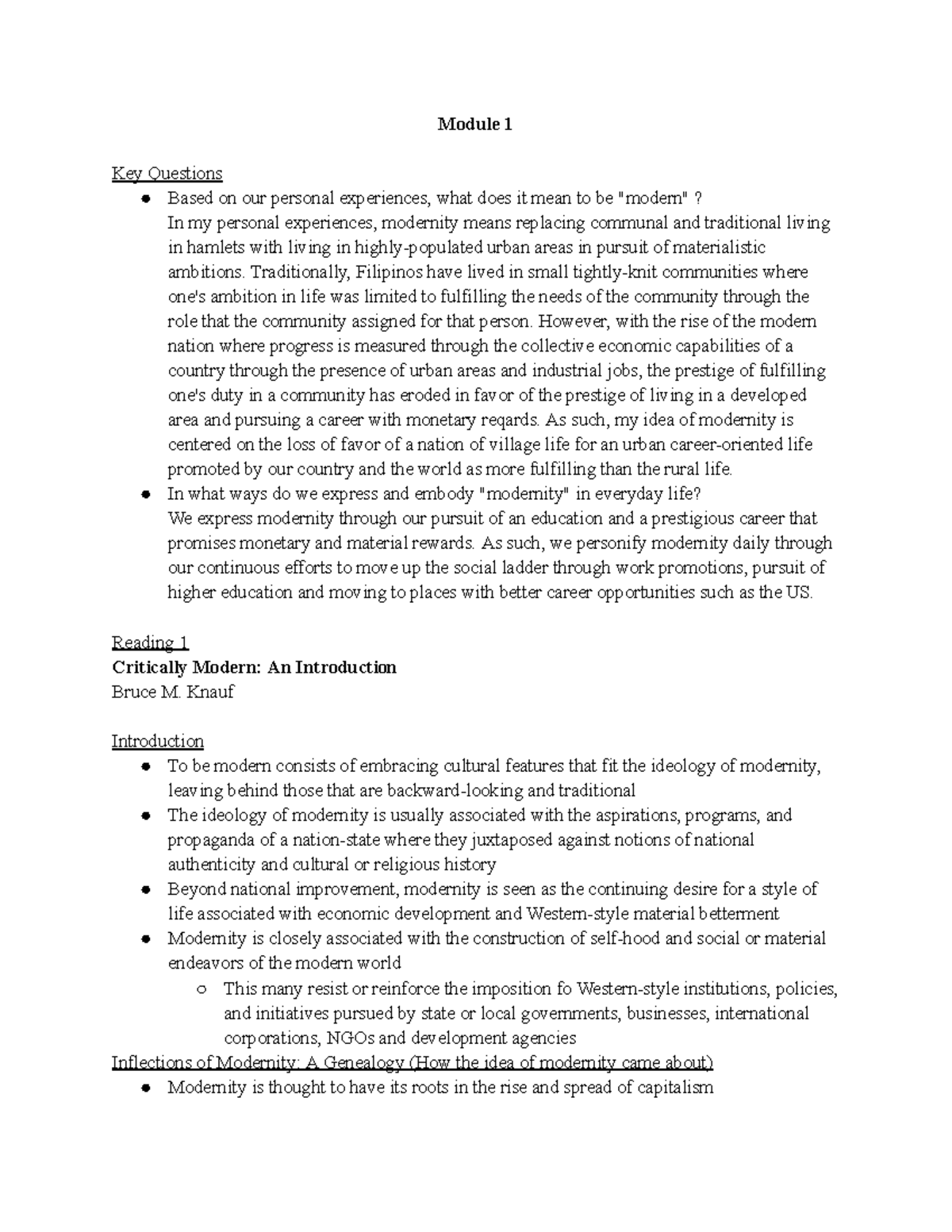 Module 1 Summaries - Module 1 Key Questions Based on our personal ...