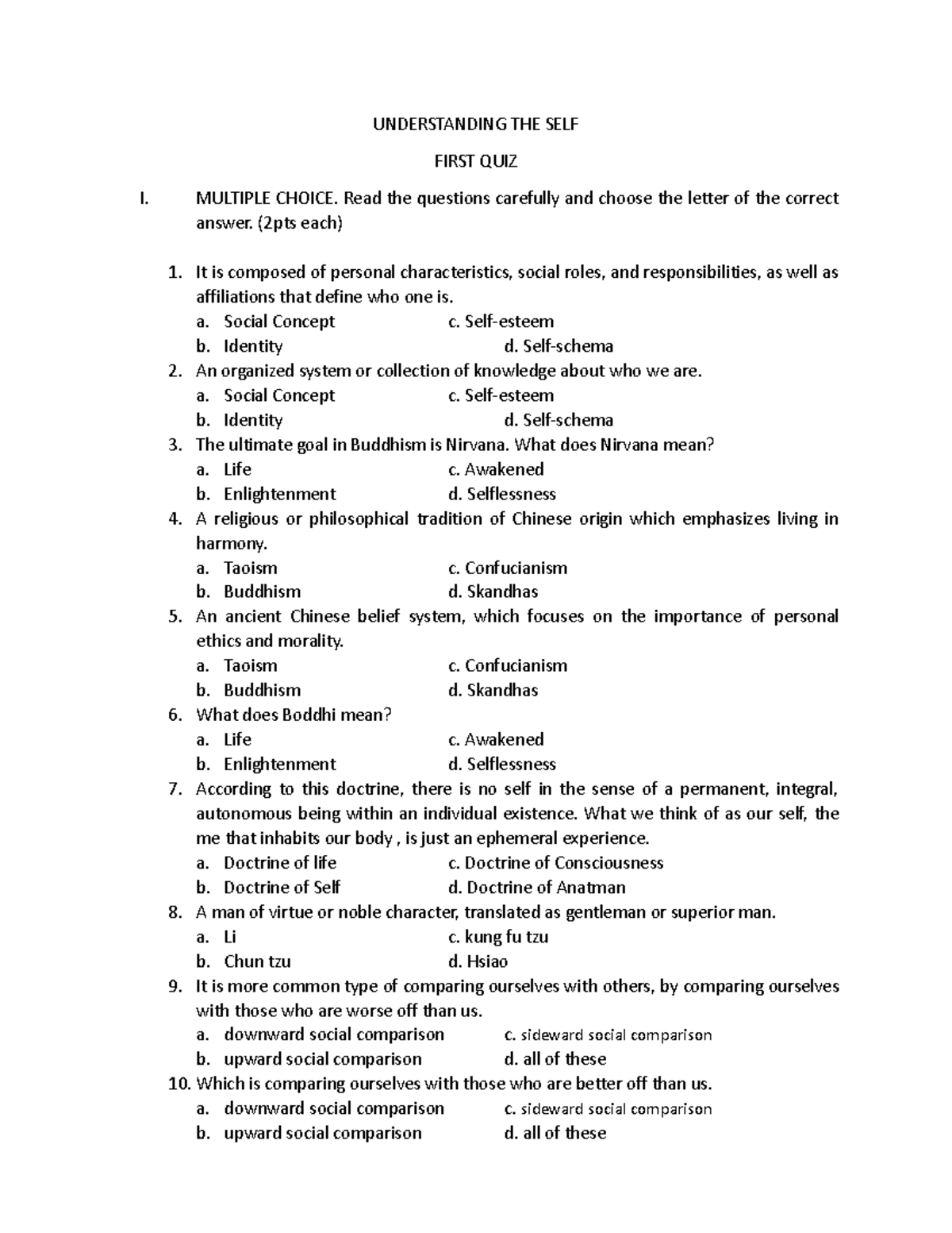 Understanding the Self: UTS 1st Quiz - Chapter Test Guide - Studocu