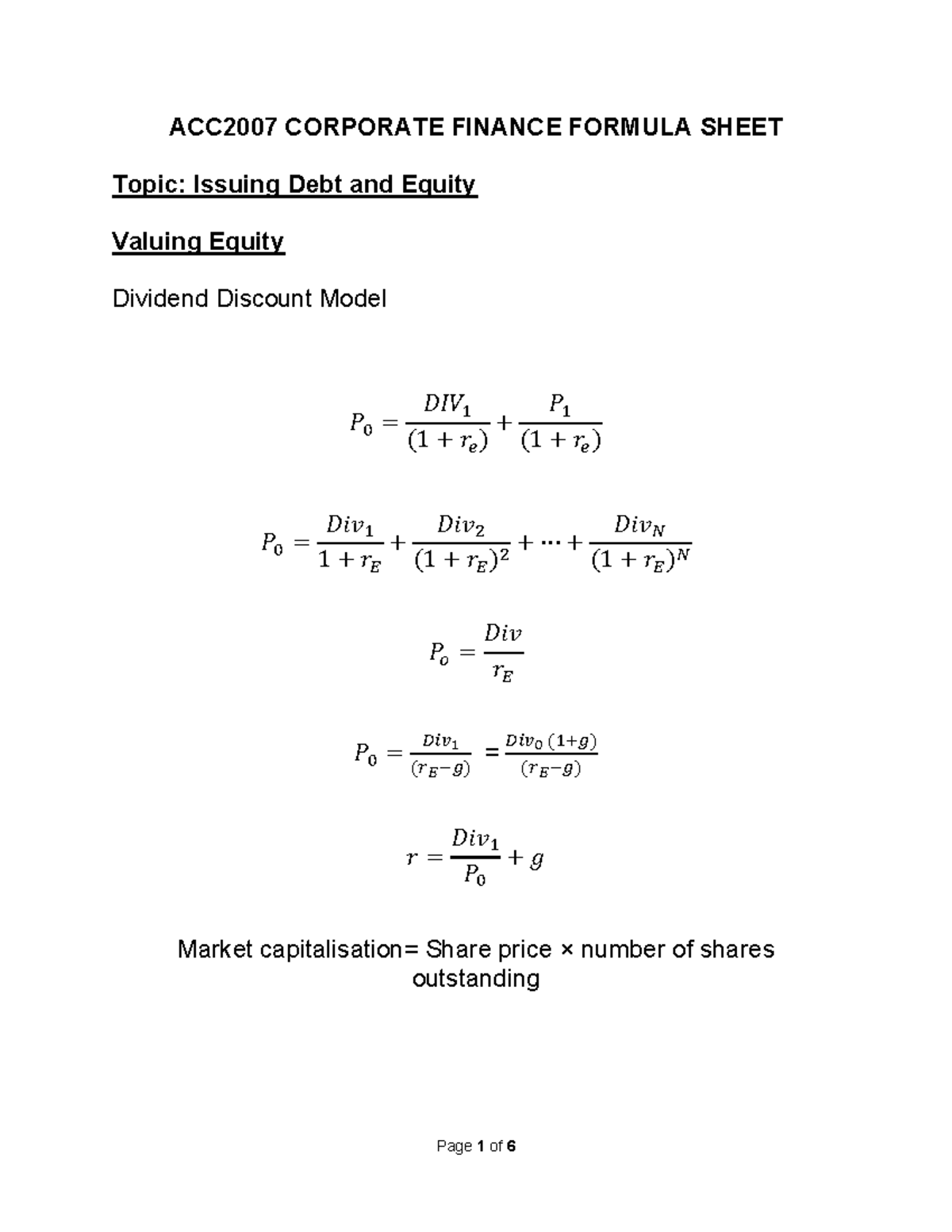 ACC2007 Corporate Finance Formula Sheet: Debt, Equity & Valuation - Studocu