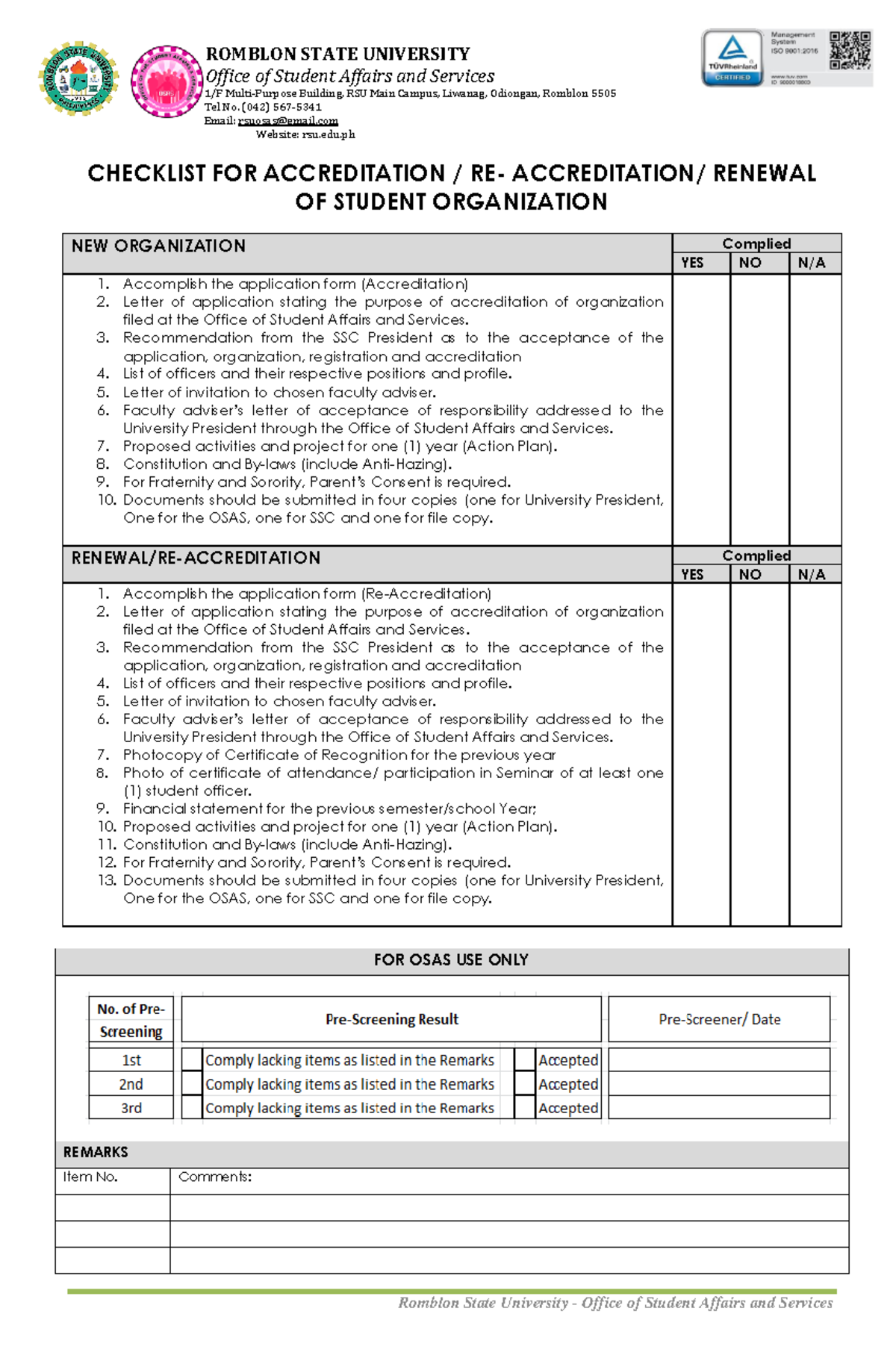 Checklist Requirements for Accreditation Re Accreditation of Student ...