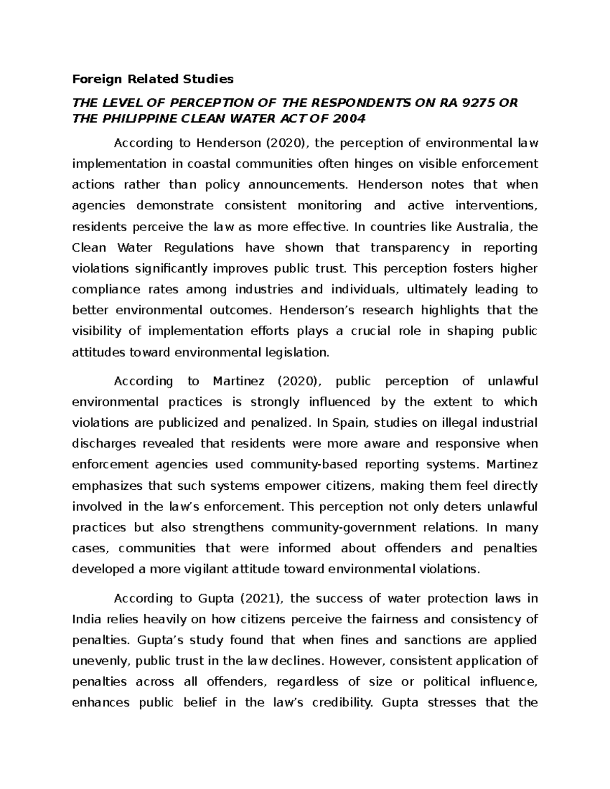 Foreign Related Studies on RA 9275: Perceptions and Implementation ...