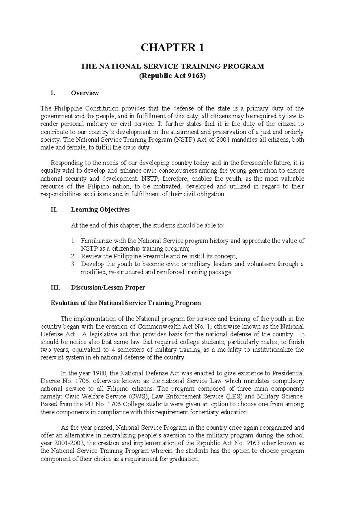 Module 1 - Overview of the National Service Training Program (RA 9163 ...