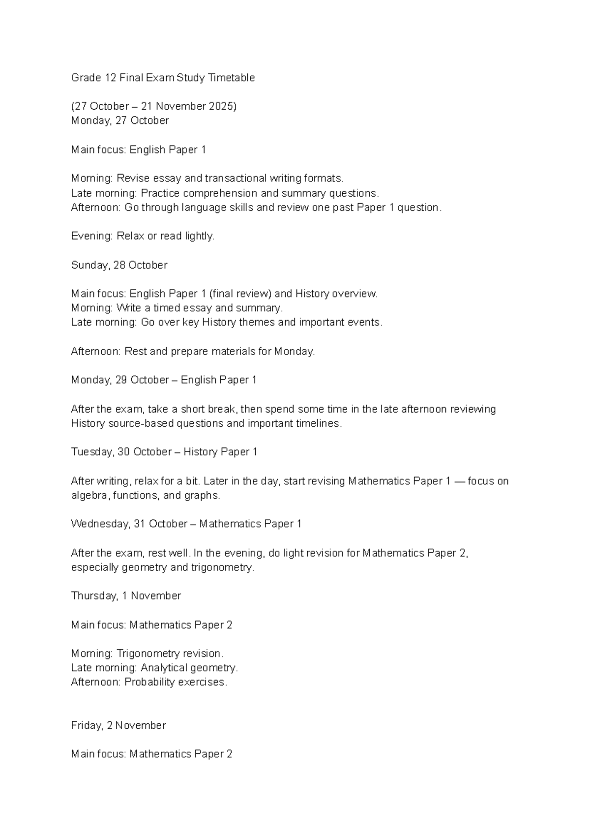 Grade 12 Final Exam Study Timetable (27 Oct - 10 Nov 2025) - Studocu