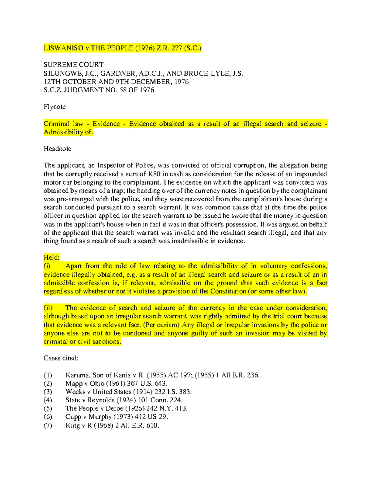 LISWANISO v THE PEOPLE (1976) S.C. - Case Analysis and Judgment ...