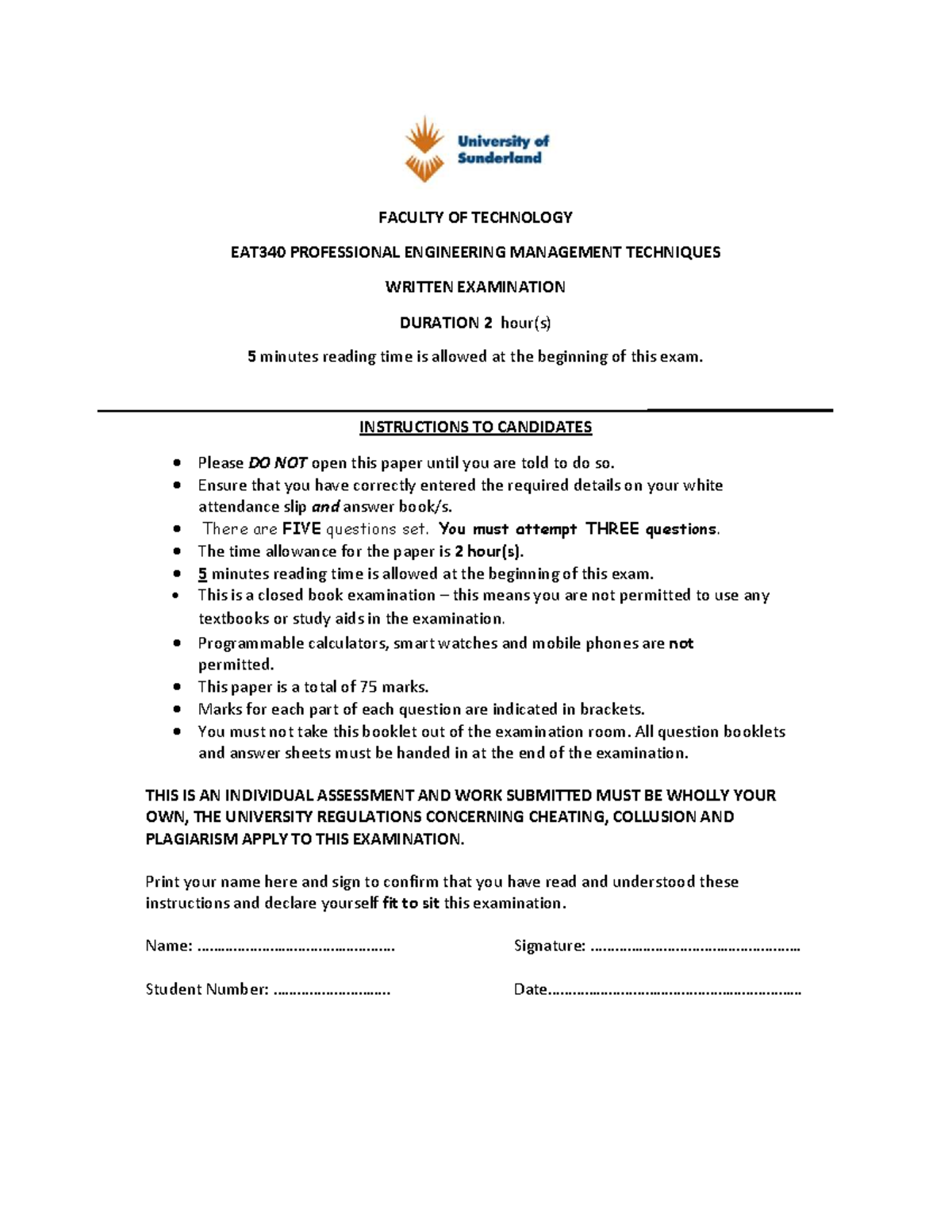 EAT340 2024 Professional Engineering Management Exam Paper - Studocu